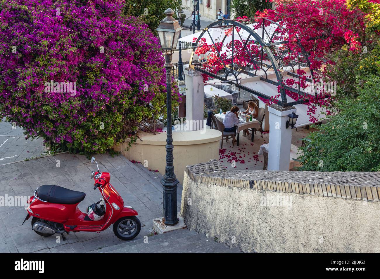 View on Dimarchiou Square on Old Town of Corfu city on the island of ...