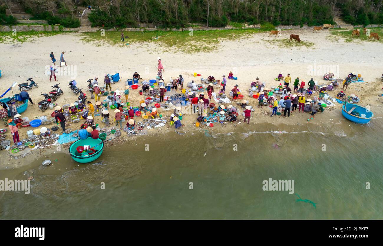 Mui Ne fish market seen from above, the morning market in a coastal ...