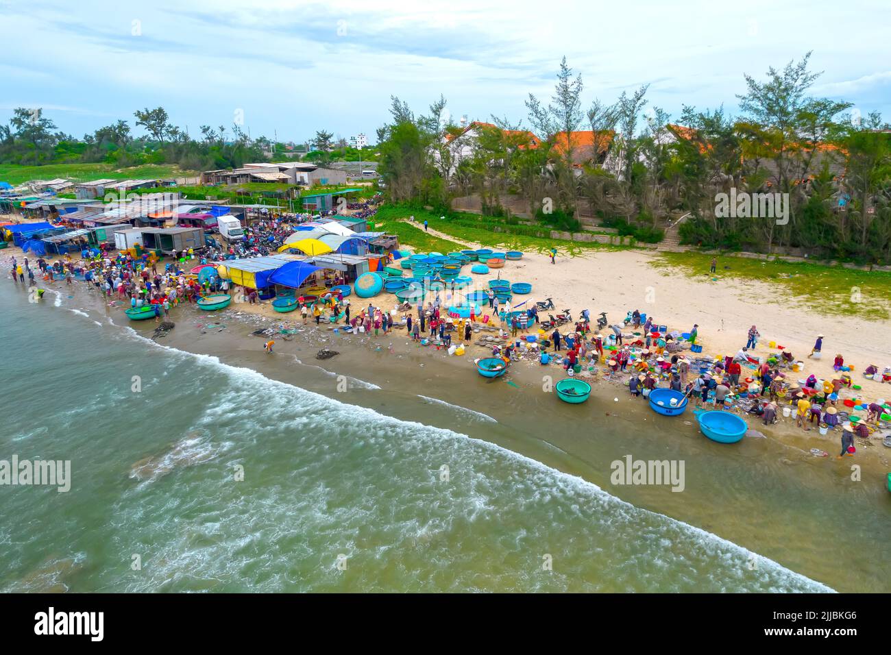 Mui Ne fish market seen from above, the morning market in a coastal ...