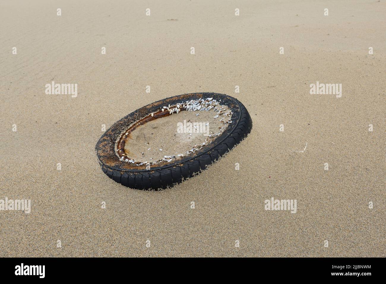 Landscape view of sand-filled tyre on beach, Machir Bay, Islay ...