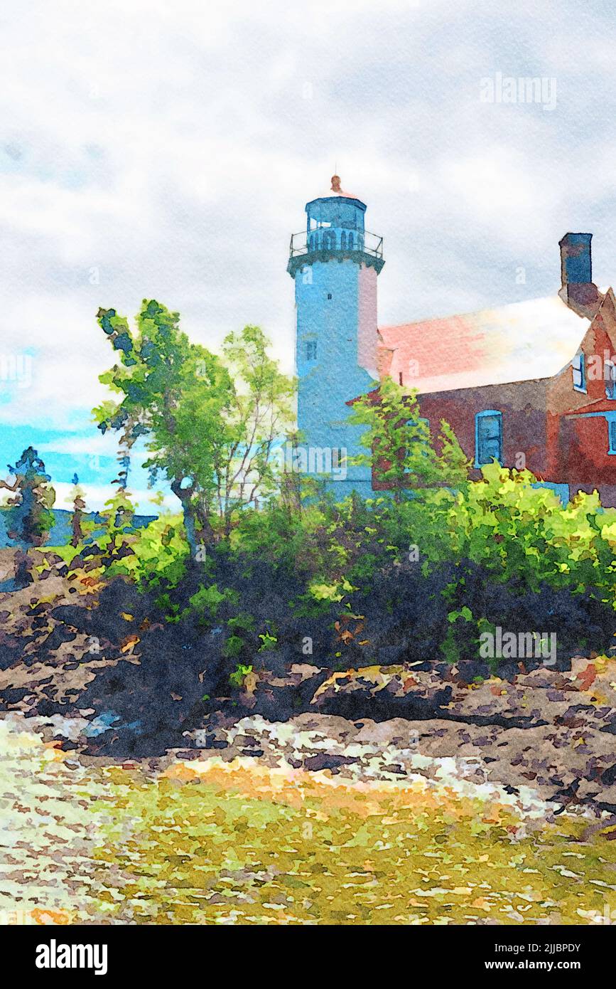 Digital watercolor of Eagle Harbor lighthouse in Michigan Stock Photo ...