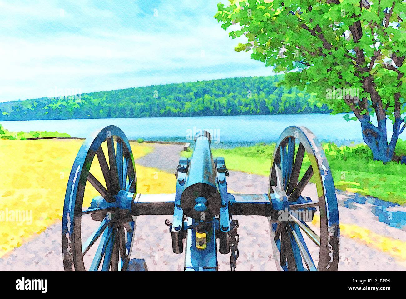 Digitally created watercolor painting of a historic black powder cannon ...