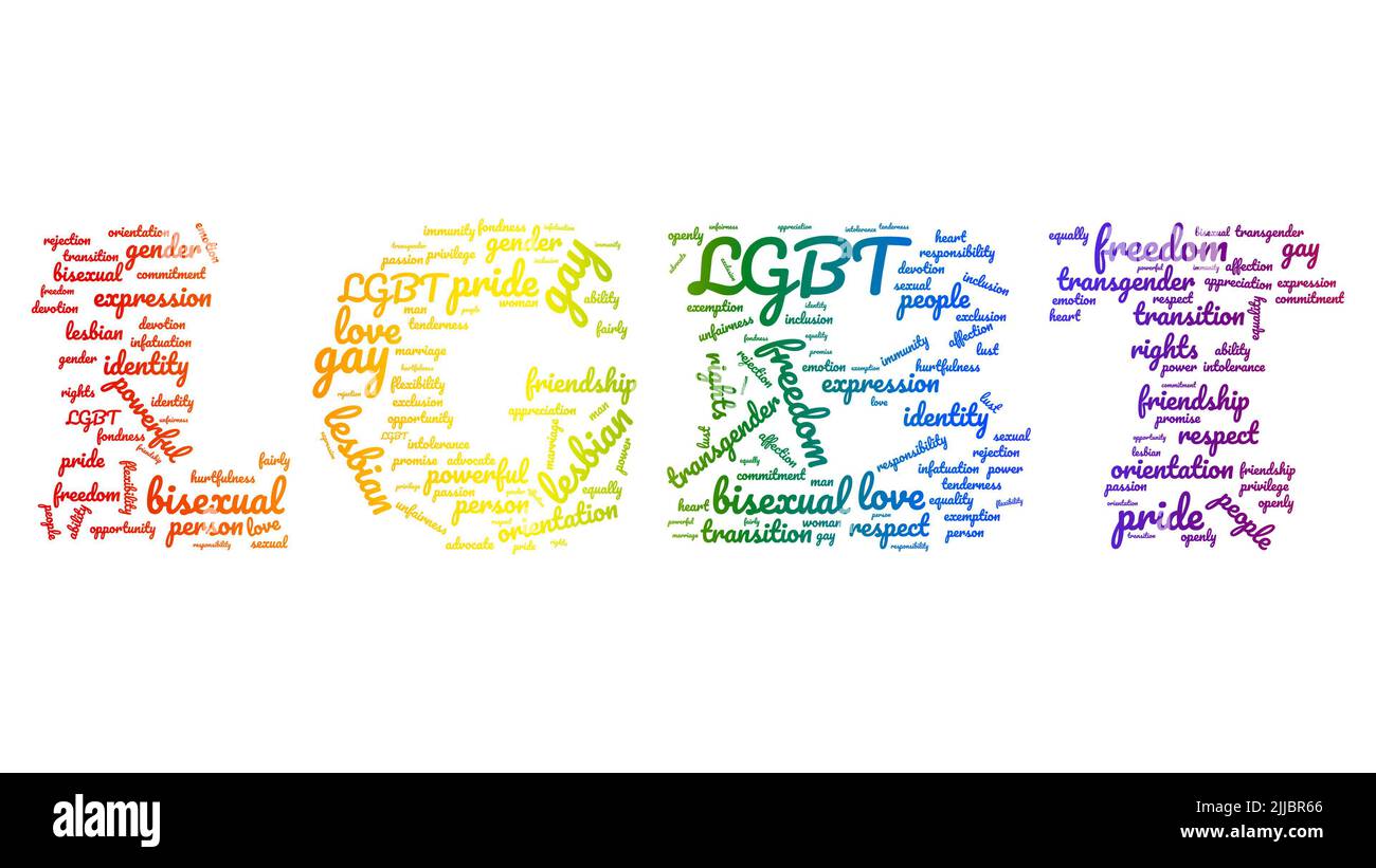 Rainbow-colored tag cloud in the shape of an LGBT word. Isolated on ...