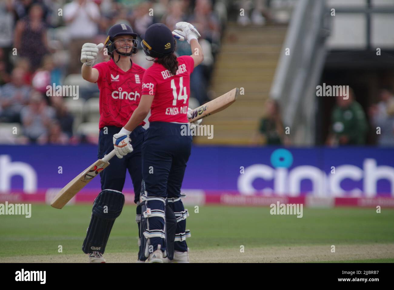 Worcester, England, 23 July 2022. Amy Jones and Maia Bouchier hug after ...