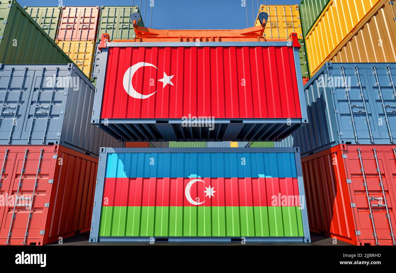 Cargo containers with Turkey and Azerbaijan national flags. 3D ...