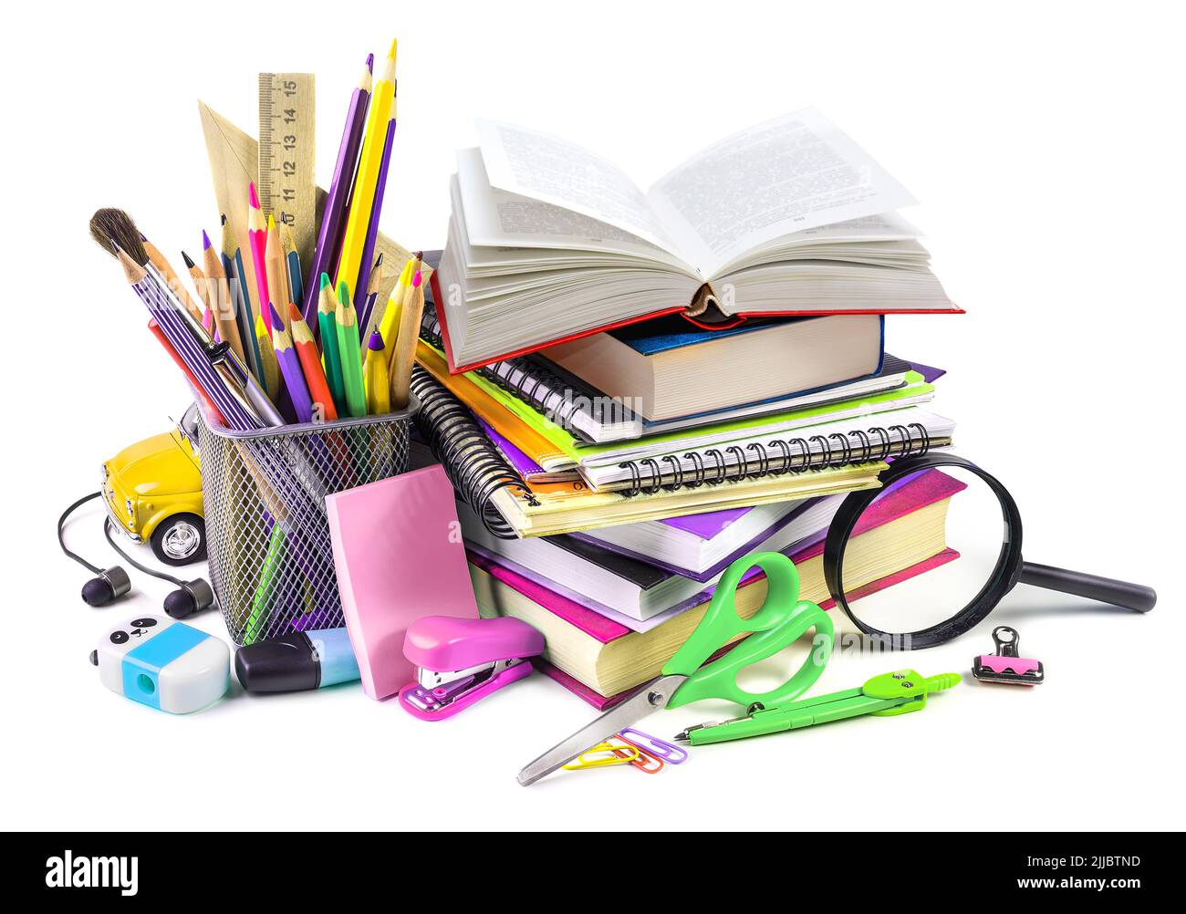 School supplies with opened book isolated on a white background Stock ...