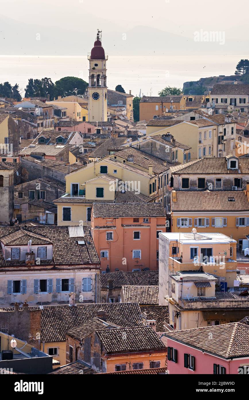 Beautiful cityscape with old buildings in historical center of Corfu ...