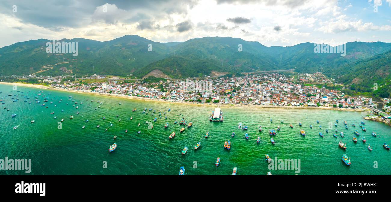 Dai Lanh fishing village seen from above with hundreds of boats ...