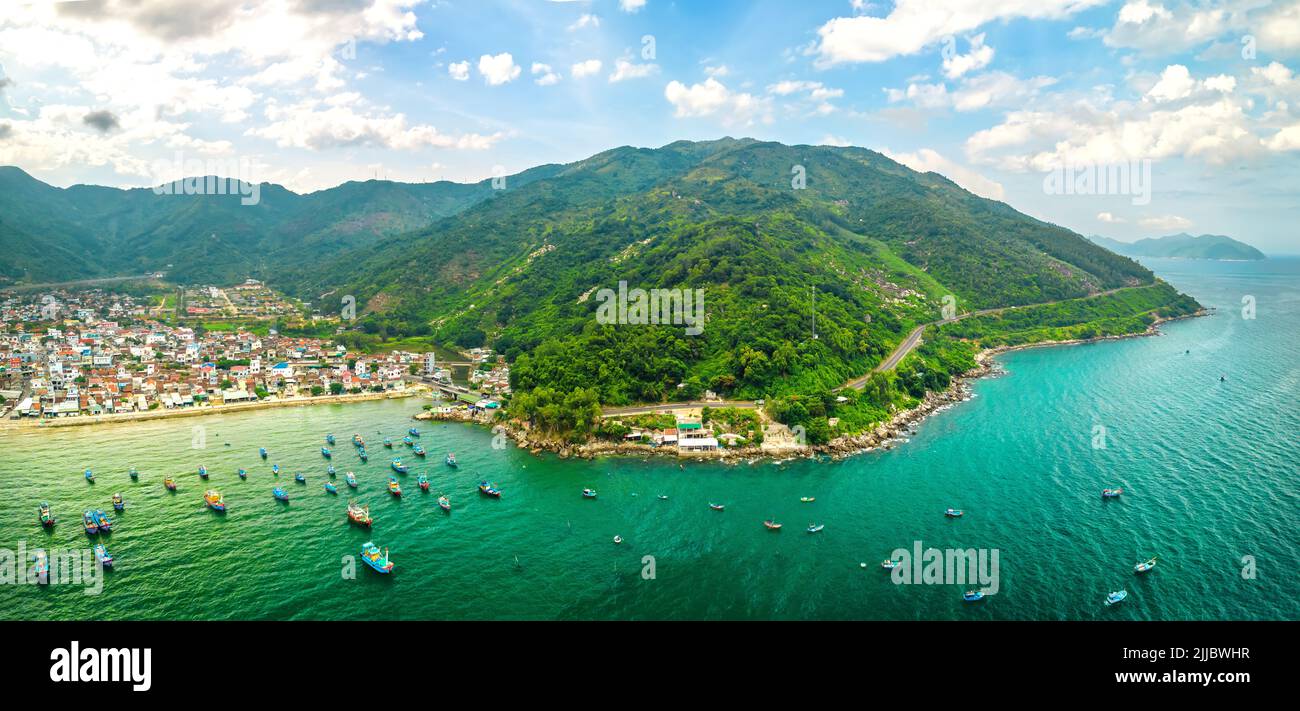 Dai Lanh fishing village seen from above with hundreds of boats ...