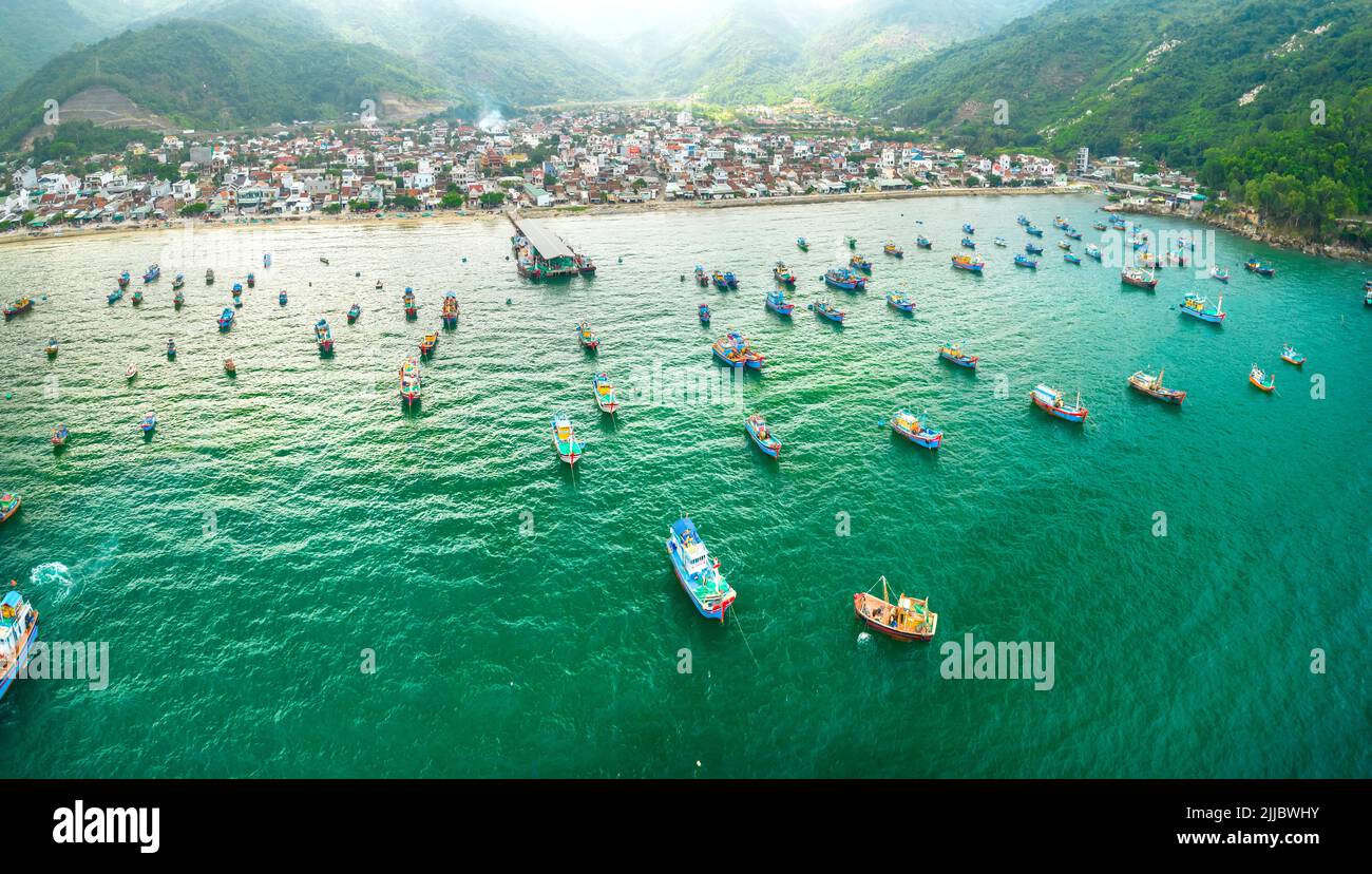 Dai Lanh fishing village seen from above with hundreds of boats ...