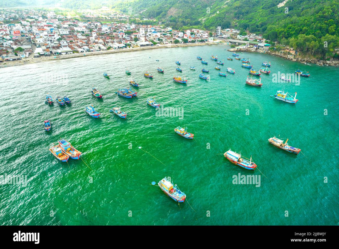 Dai Lanh fishing village seen from above with hundreds of boats ...