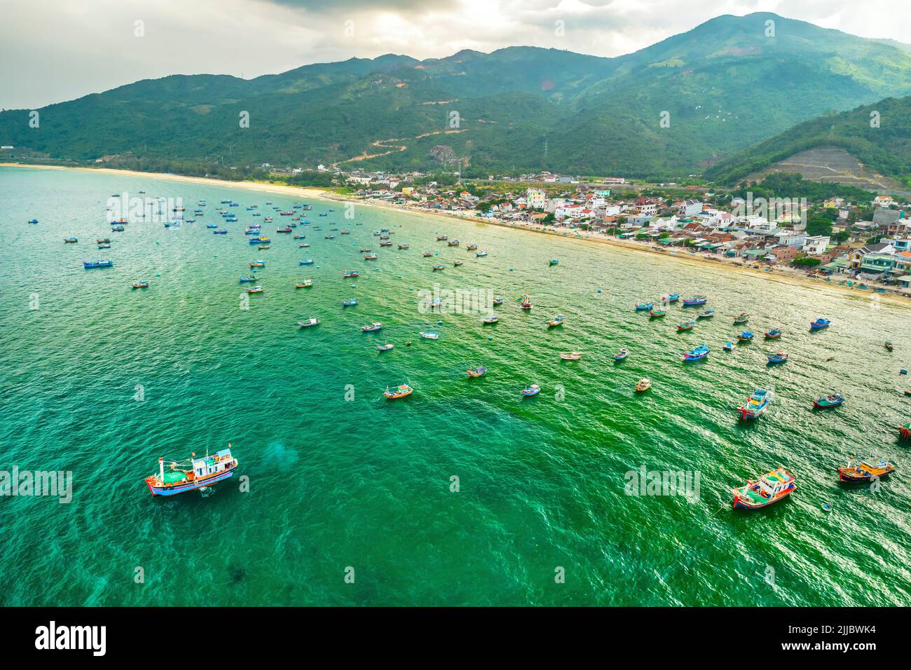 Dai Lanh fishing village seen from above with hundreds of boats ...