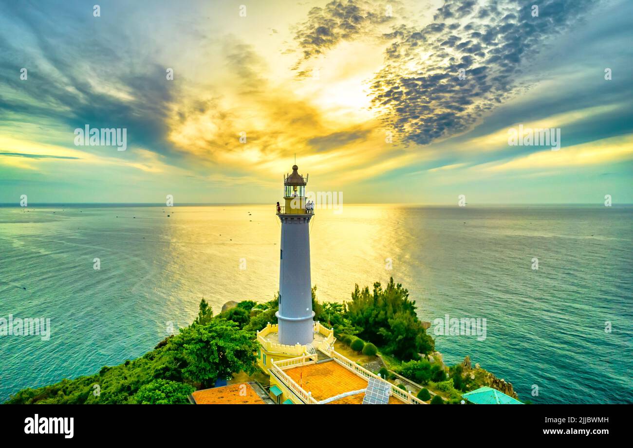 Aerial view dawn landscape at Dai Lanh lighthouse in Phu Yen, Vietnam ...