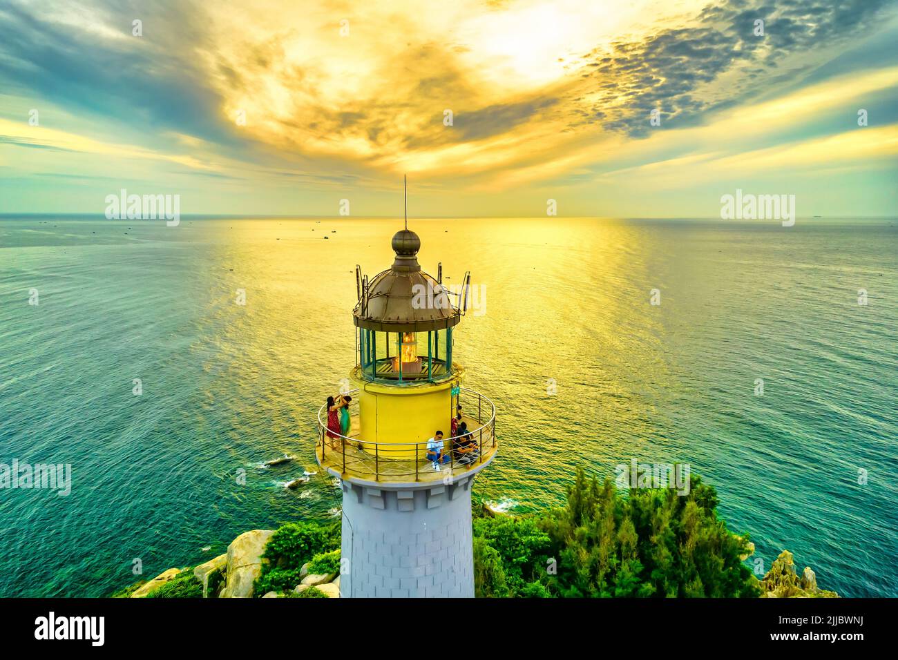 Aerial view dawn landscape at Dai Lanh lighthouse in Phu Yen, Vietnam ...