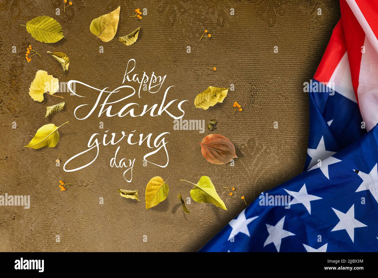 Happy Thanksgiving. USA American flag. Fall decor with autumn leaves ...