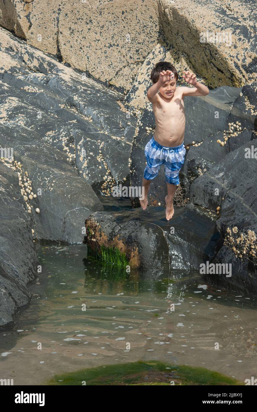 Boy jumping into beach rockpool Stock Photo - Alamy