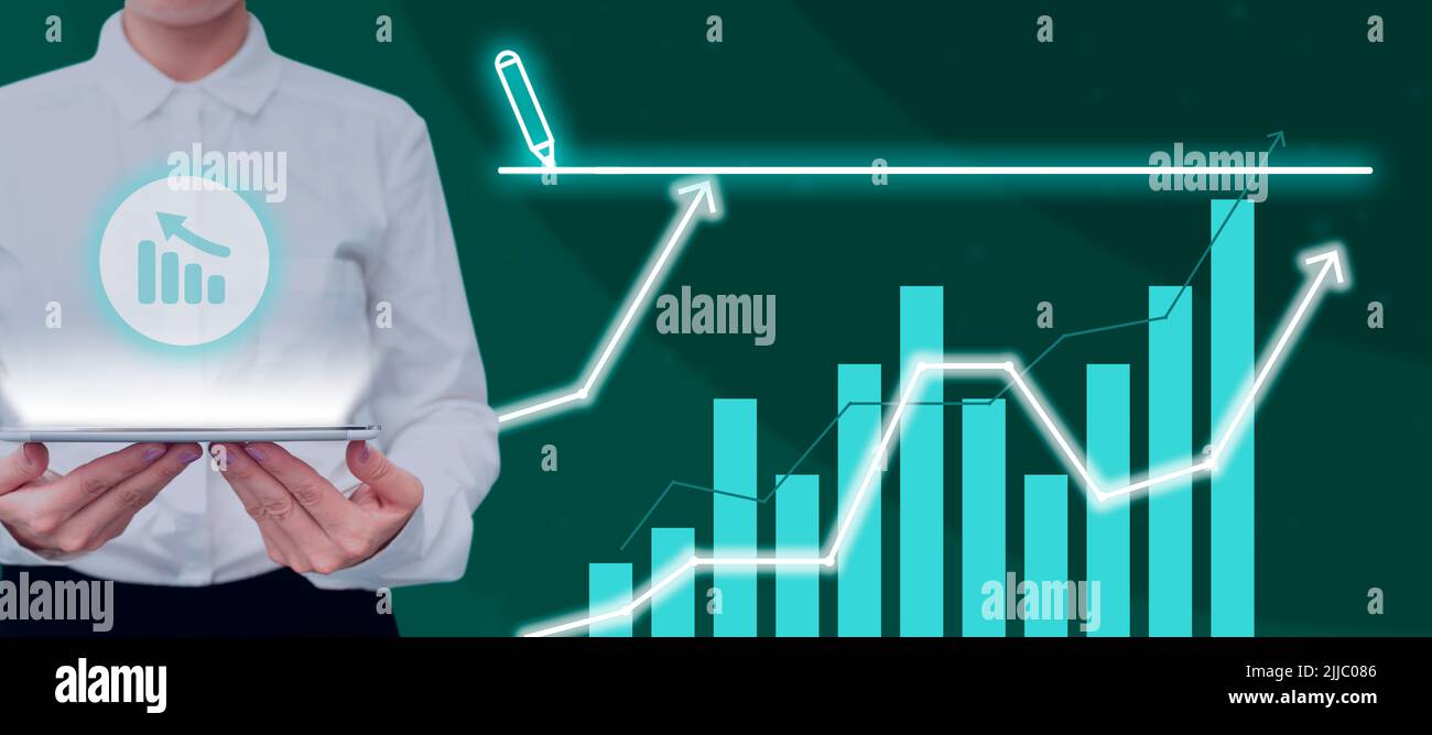 Businesswoman Holding Tablet Presenting Digital Bar Graph And Arrow ...