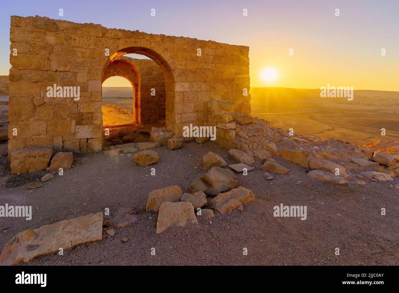 Sunset view with ancient ruins, in the Nabataean city of Avdat, the ...