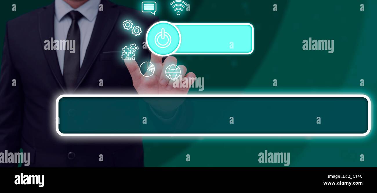 Businessman Pointing On A Power Button Surrounded By Digital S In A ...
