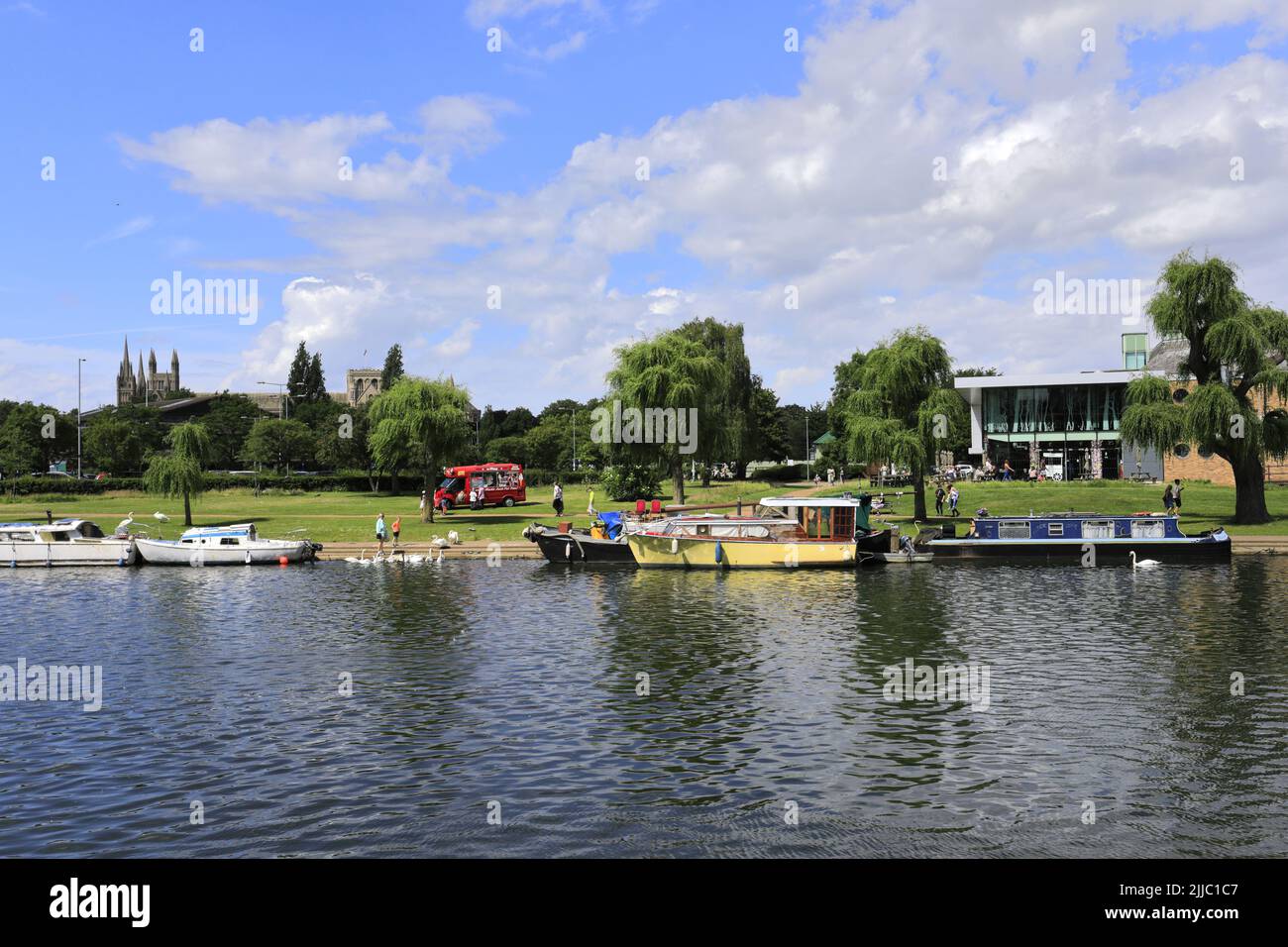 Boats on the river Nene embankment, Peterborough City; Cambridgeshire ...