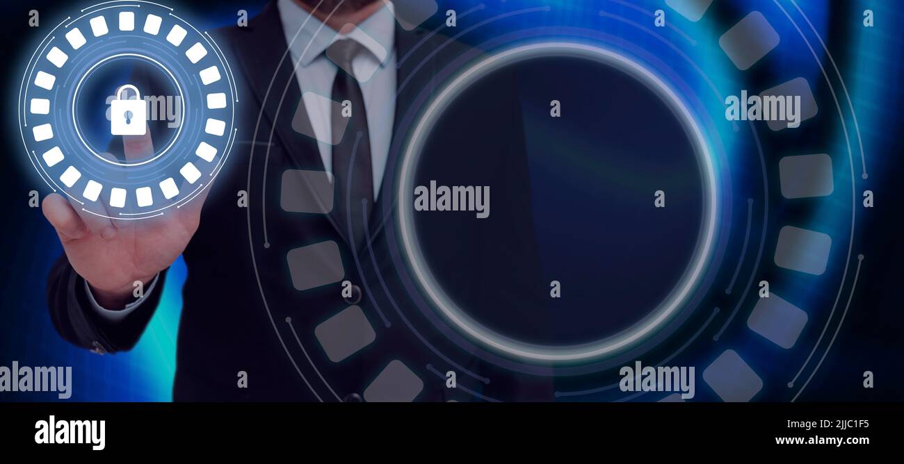Businessman Pointing A Finger On A Digital Lock In A Futuristic Round ...