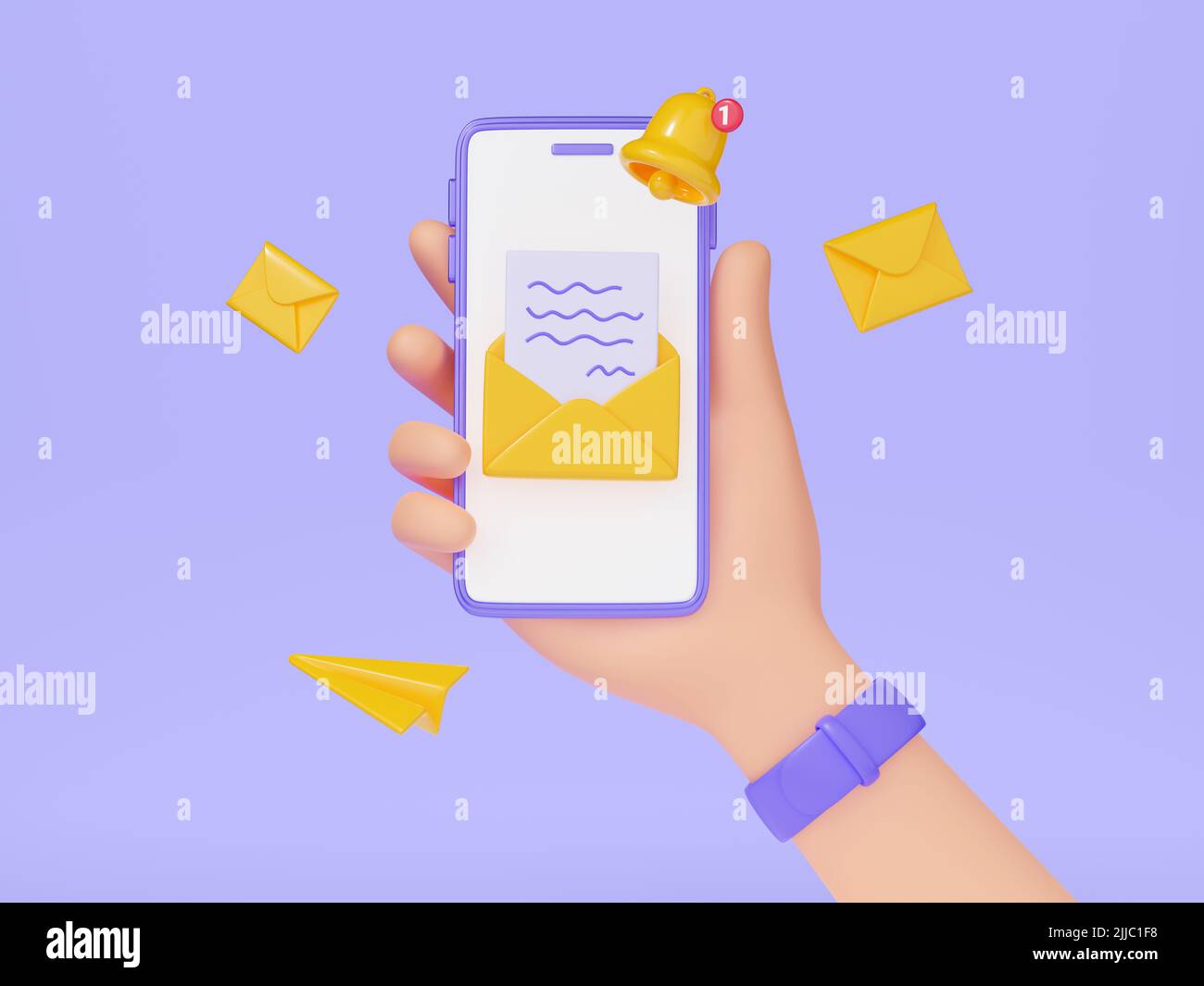 Notification newsletter 3d render illustration - hand holding mobile ...