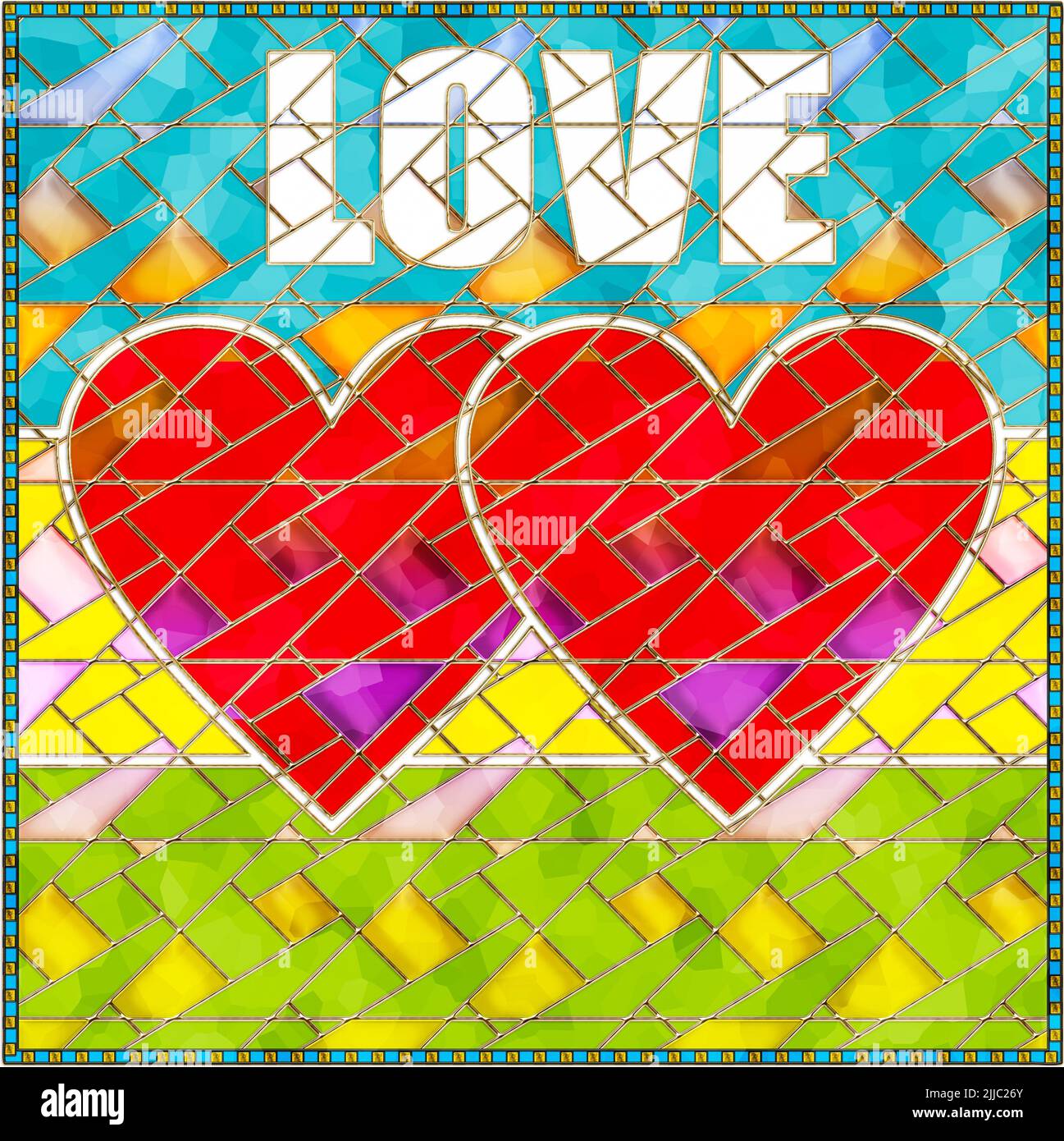 Illustration in stained glass style, background with two hearts ...