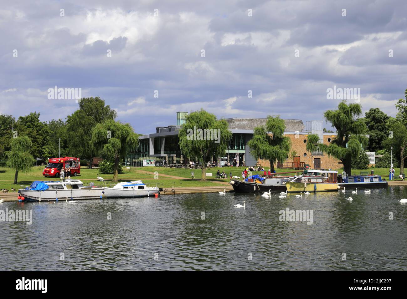 Boats on the river Nene embankment, Peterborough City; Cambridgeshire ...