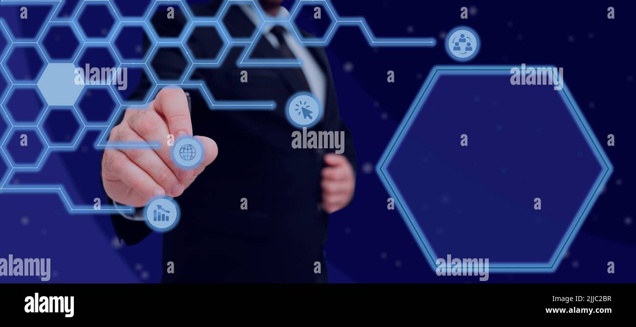 Businessman With A Pen And Pointing On Digital Symbols In A Glowing Hexagon Pattern. Man In A ...