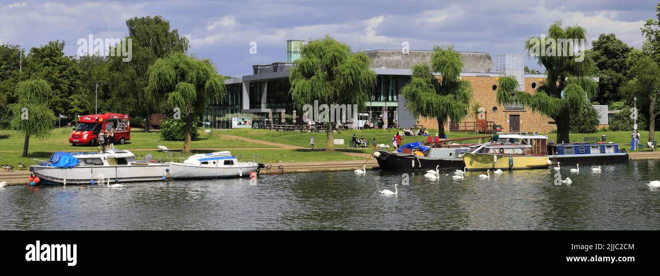 Boats on the river Nene embankment, Peterborough City; Cambridgeshire ...