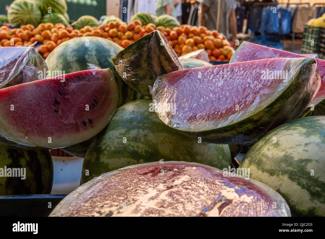 Sale of watermelons exposed in the street. Refreshing summer fruit ...