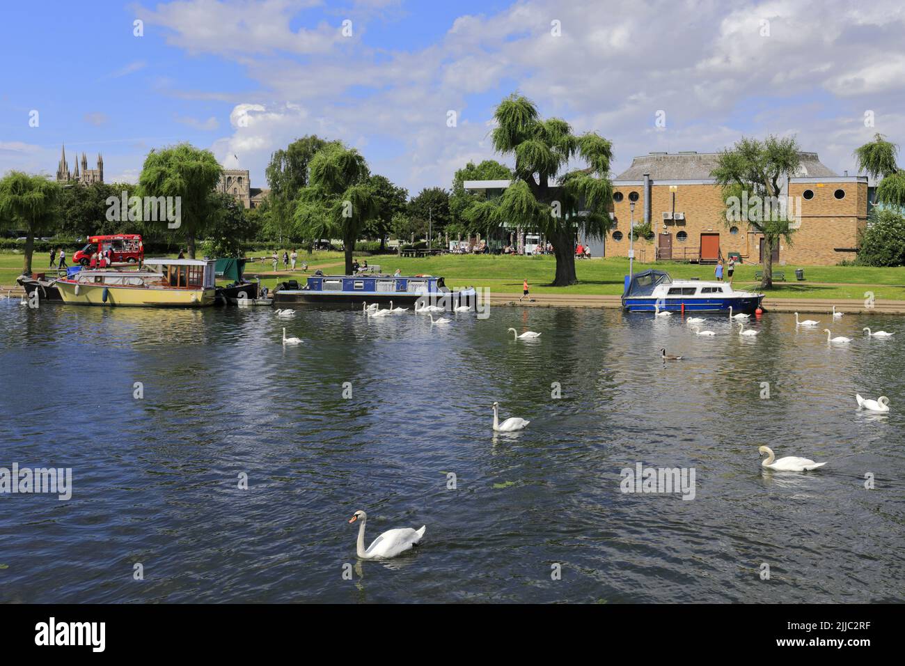 Boats on the river Nene embankment, Peterborough City; Cambridgeshire ...
