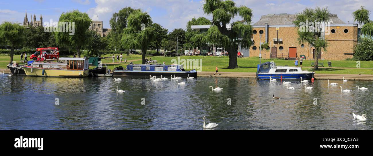 Boats on the river Nene embankment, Peterborough City; Cambridgeshire ...