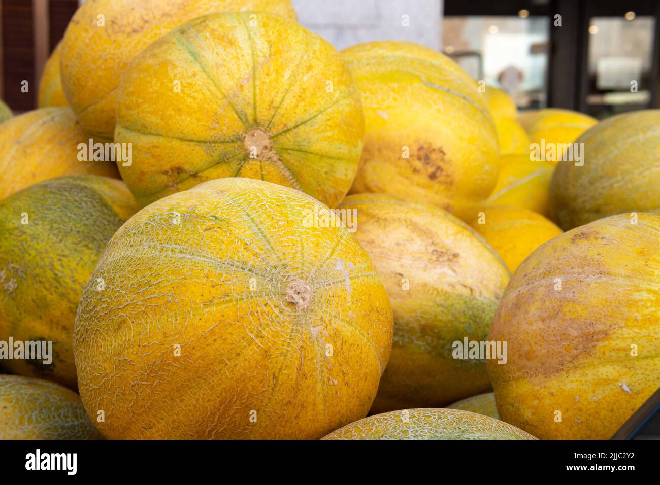 Sale of melons exposed in the street. Refreshing summer fruit. Island ...