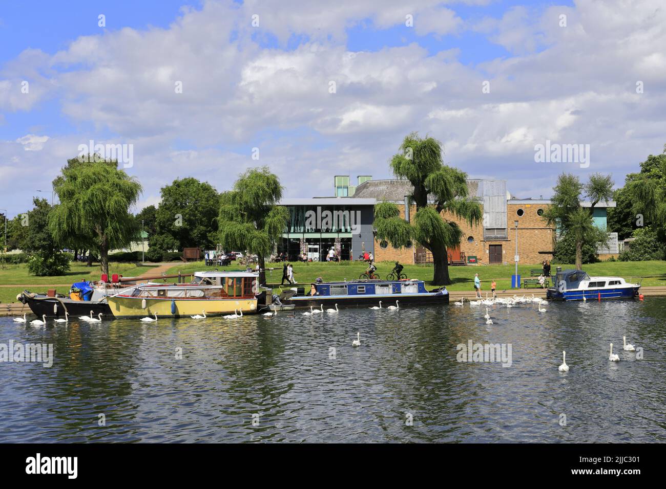 Boats on the river Nene embankment, Peterborough City; Cambridgeshire ...