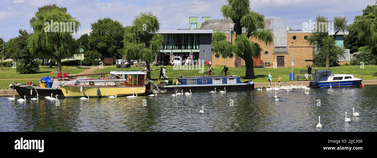 Boats on the river Nene embankment, Peterborough City; Cambridgeshire ...