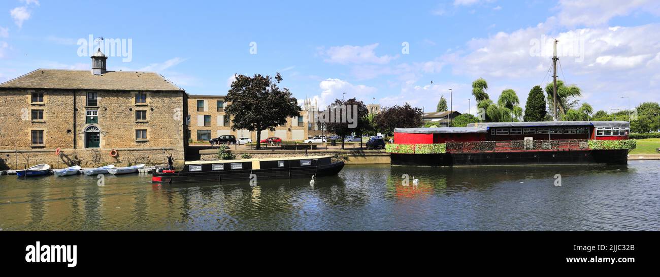 Boats on the river Nene embankment, Peterborough City; Cambridgeshire ...