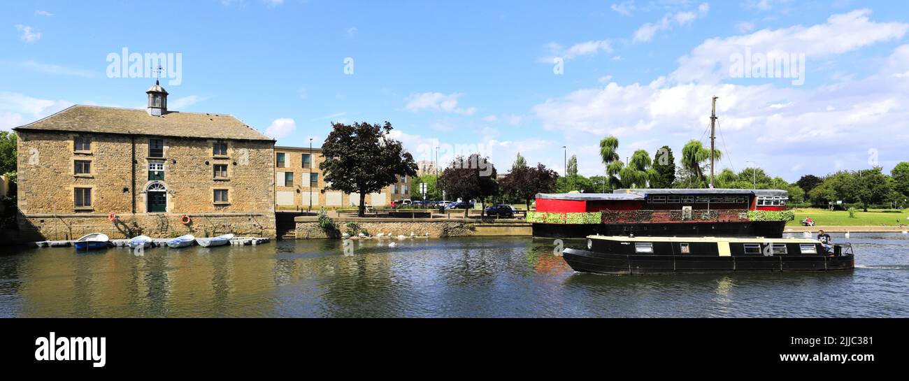 Boats on the river Nene embankment, Peterborough City; Cambridgeshire ...