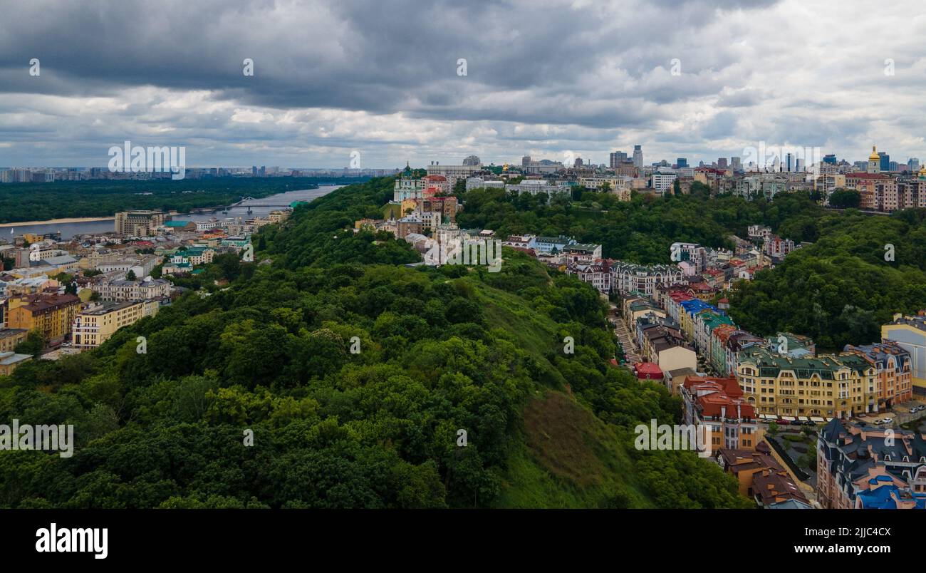 An aerial view of modern buildings surrounded by trees Stock Photo - Alamy
