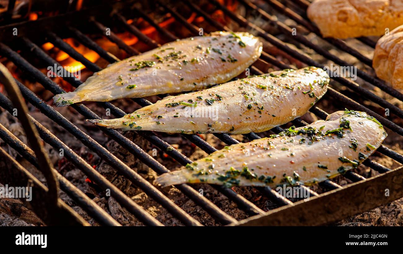 Tasty Grilled sole food detail with smoke Stock Photo - Alamy