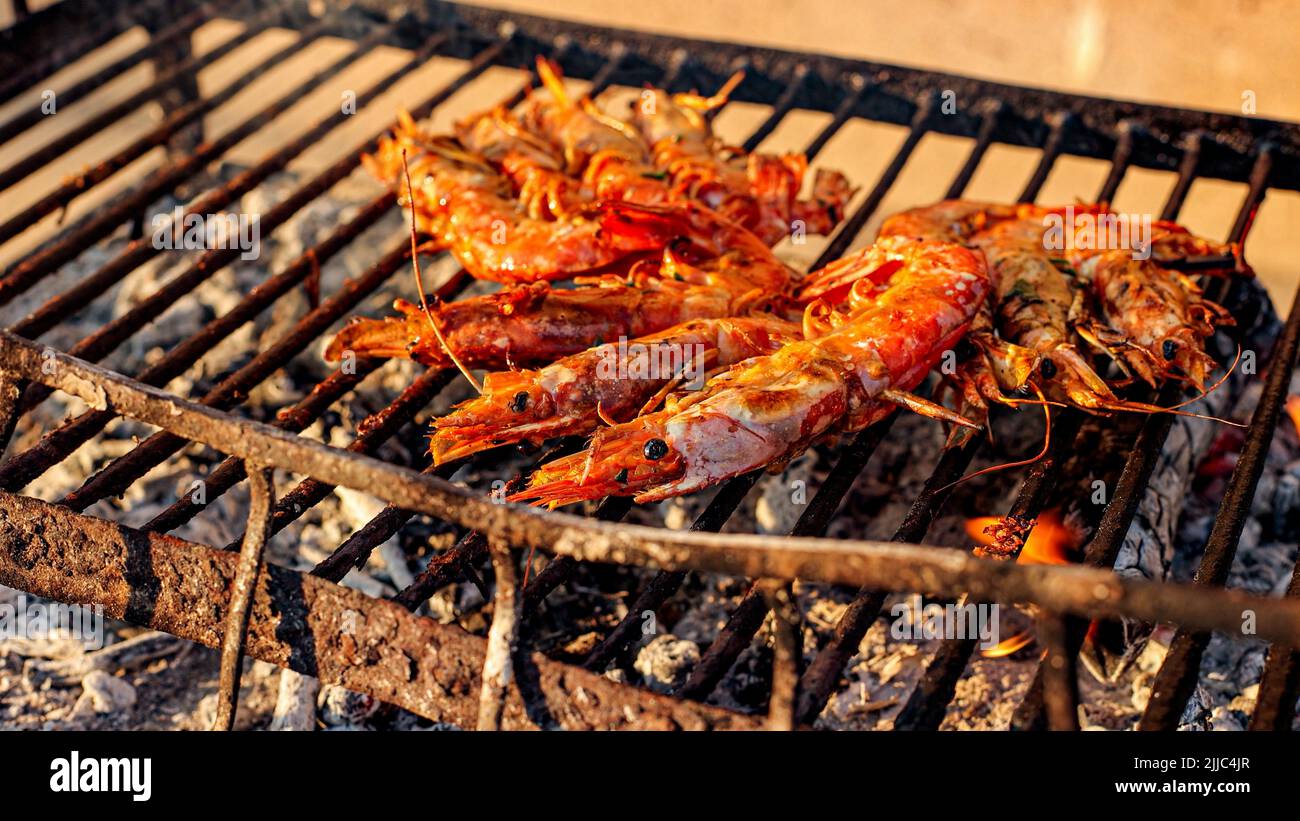 Grilled Shrimp Giant Freshwater Prawn Grilling With Charcoal Grilled
