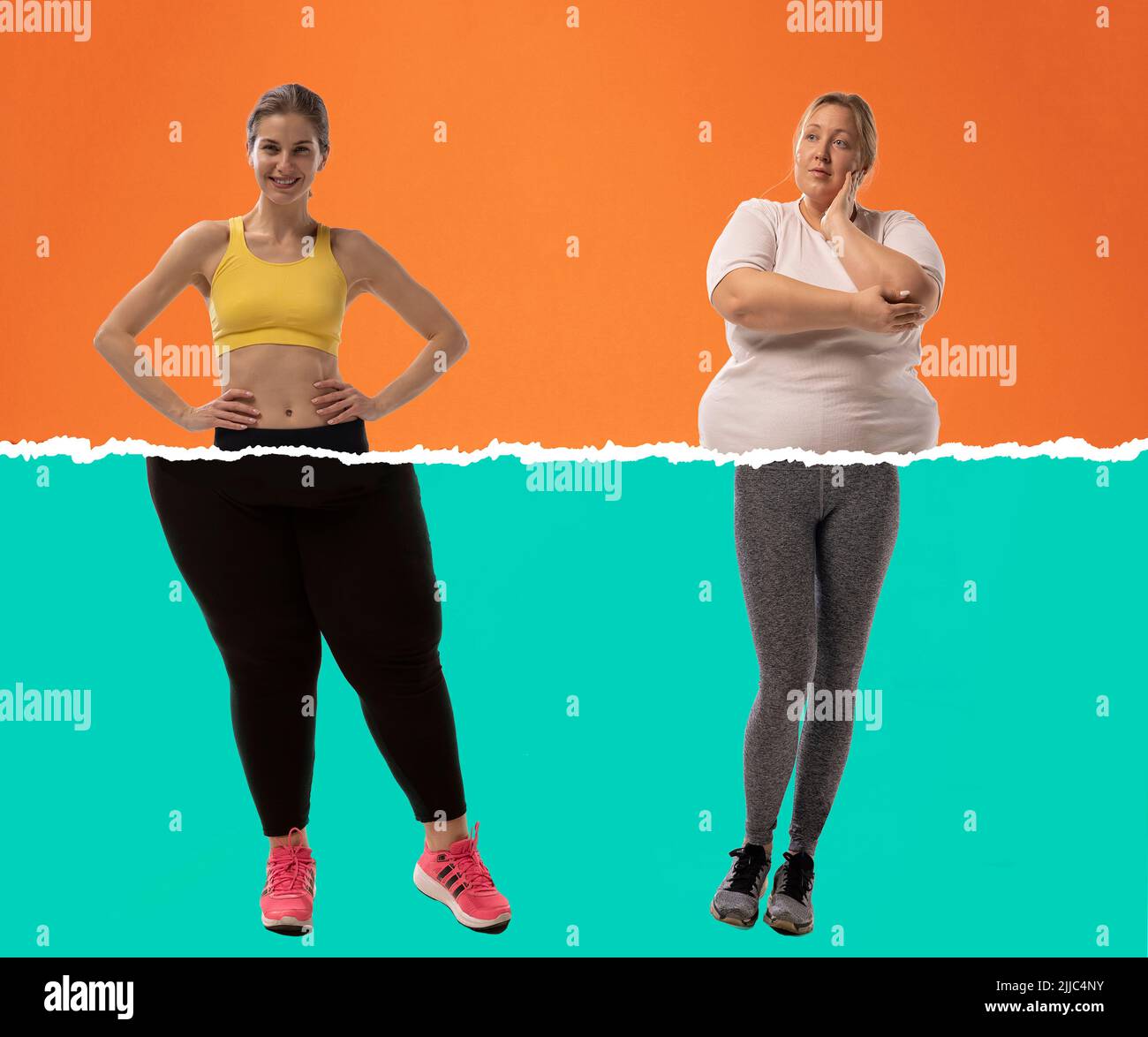 Creative artcollage with young slim girl and plus-size woman wearing ...