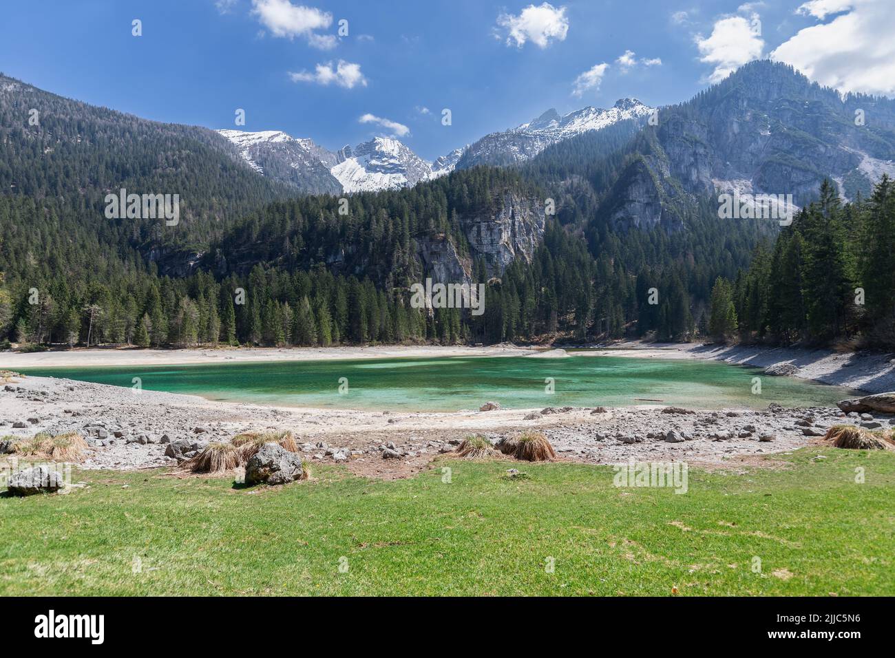 Panorama of Lake Tovel - natural water, forest and mountains catchment ...
