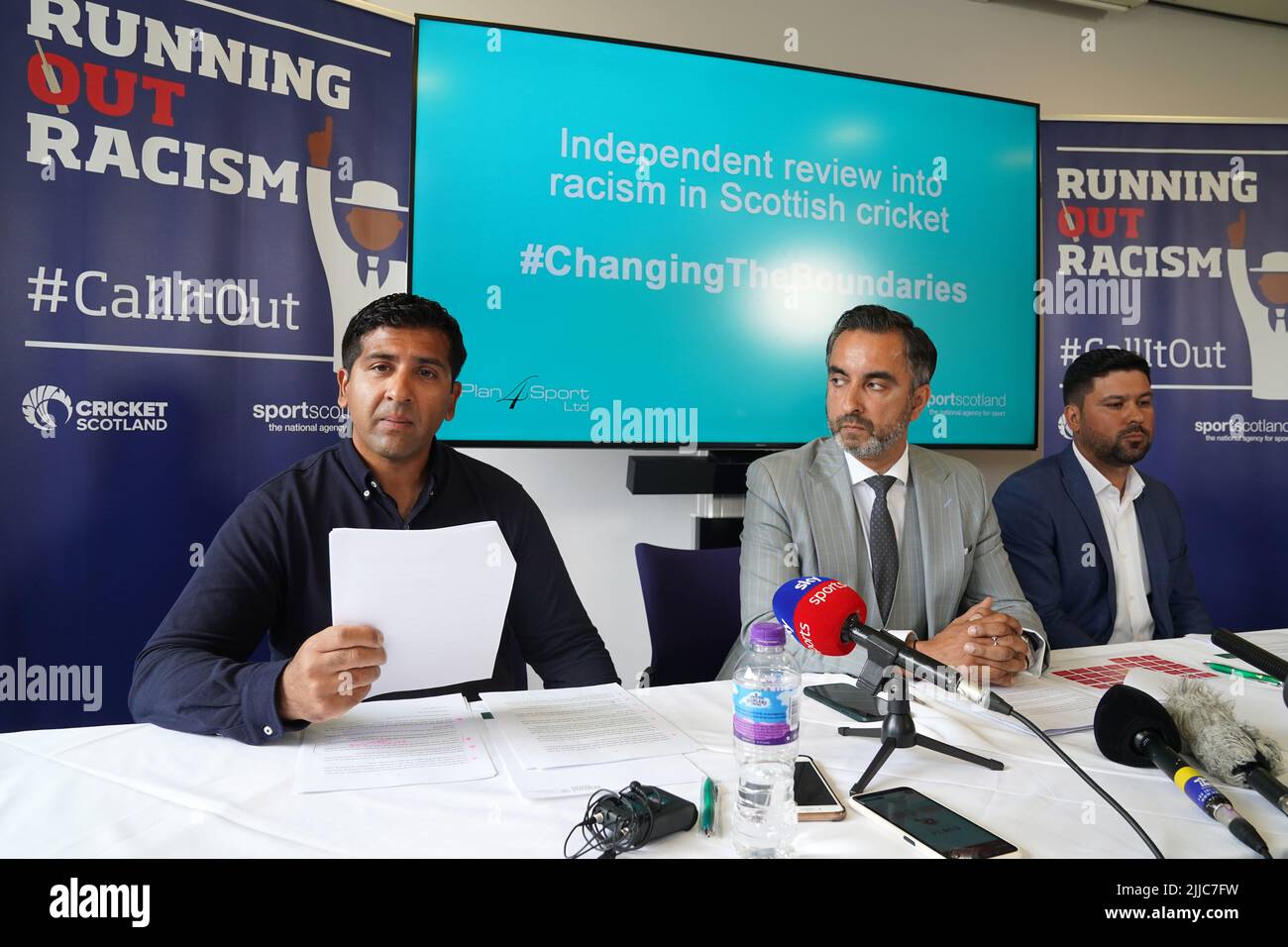 Majid Haq, Aamer Anwar and Qasim Sheikh (left-right) during a press ...