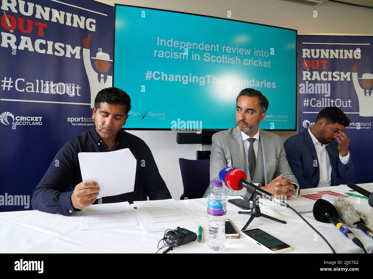 Majid Haq, Aamer Anwar and Qasim Sheikh (left-right) during a press ...