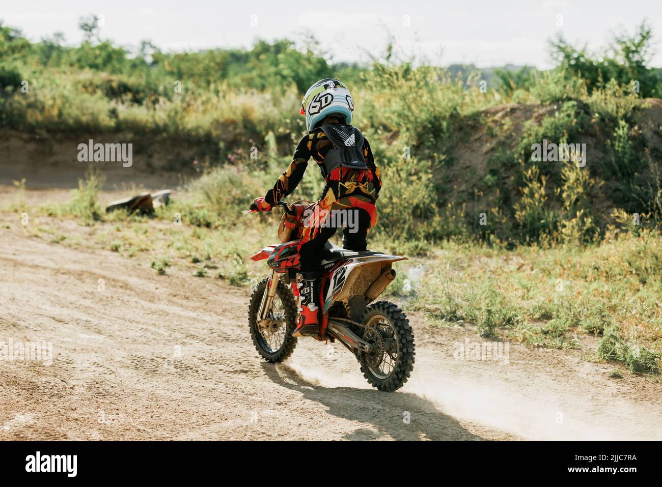 Dnipro, Ukraine JULY 01, 2022. Ukrainian beginner motorcycle rider ...