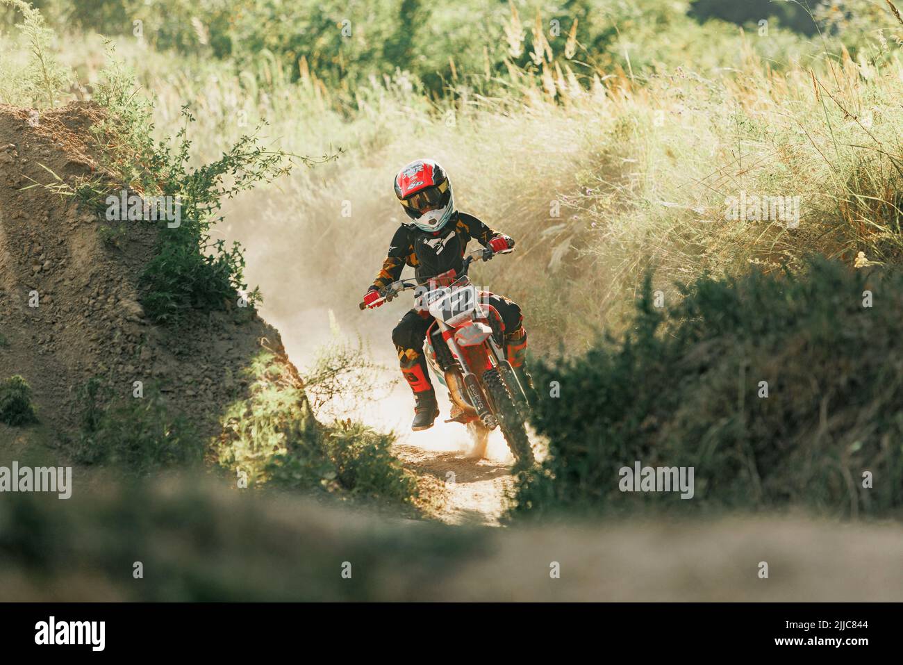 Dnipro, Ukraine JULY 01, 2022. Ukrainian beginner motorcycle rider ...