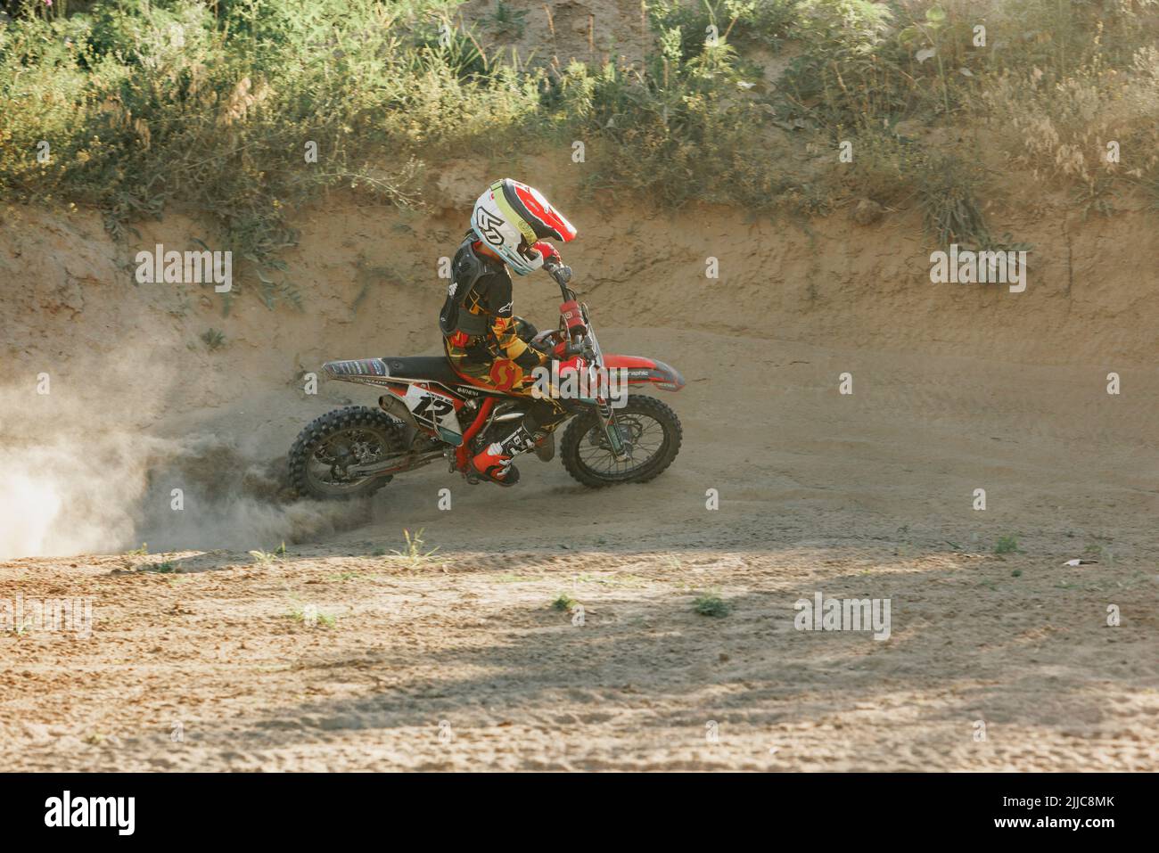Dnipro, Ukraine JULY 01, 2022. Ukrainian beginner motorcycle rider ...