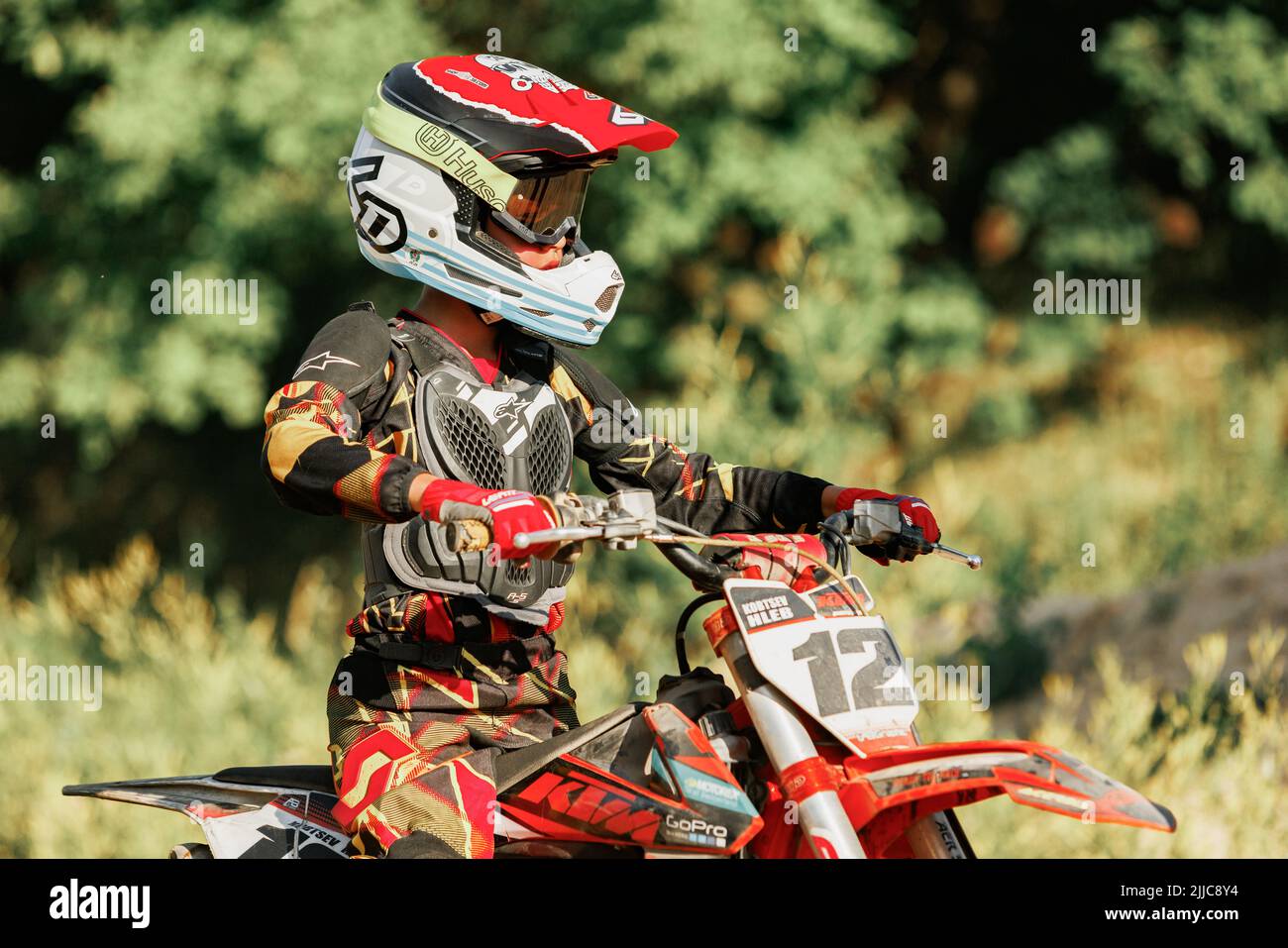 Dnipro, Ukraine JULY 01, 2022. Ukrainian beginner motorcycle rider ...