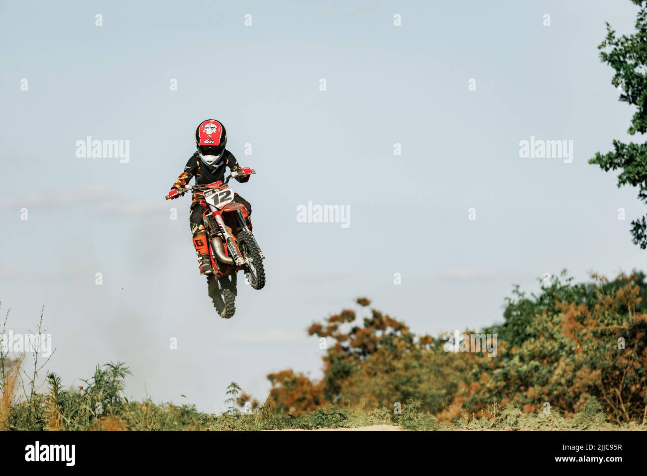 Dnipro, Ukraine JULY 01, 2022. Ukrainian beginner motorcycle rider ...